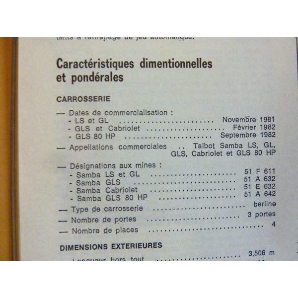 TALBOT SAMBA LS, GL, GLS, Cab, GLS 80cv RLEA196 - Réédition