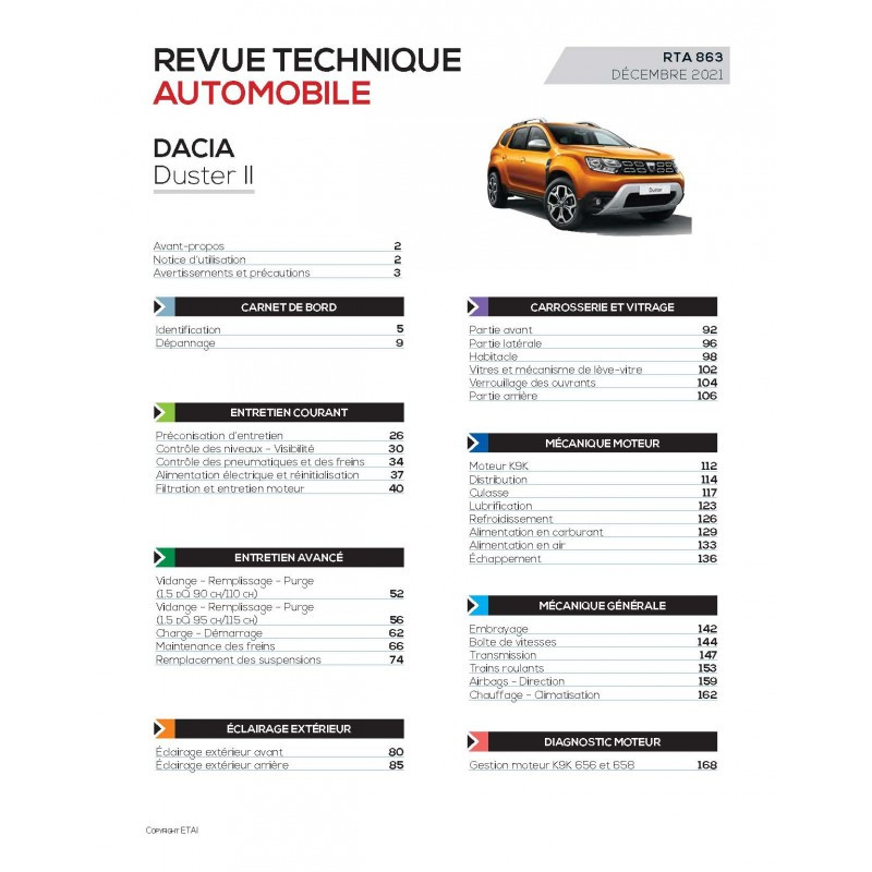 DACIA Duster II de 2018 à 2021 1.5 TCi 90cv et 110cv RTA0863 - editions ...