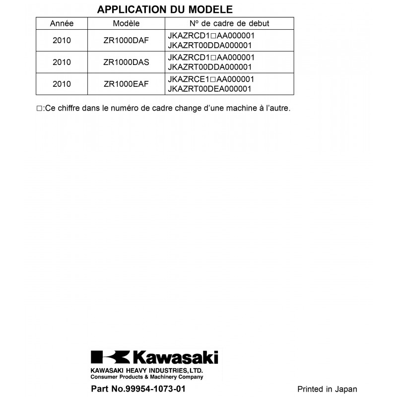KAWASAKI Z1000 de 2010 Modèles ZR1000 DAF DAS EAF Manuel sur clé USB de ...